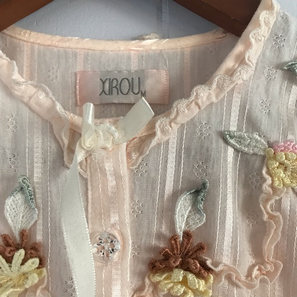 Vintage | Tops | Vintage Pale Pink Blouse Embroidered Ribbon Ruffle ...